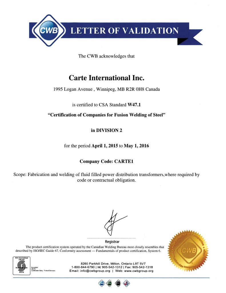 CWB 2015-2016 Certificate | Carte International Inc.